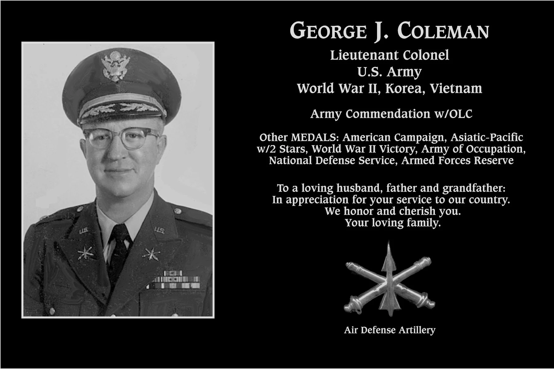 Lieutenant Colonel George J Coleman | Mt. Soledad Virtual Plaque