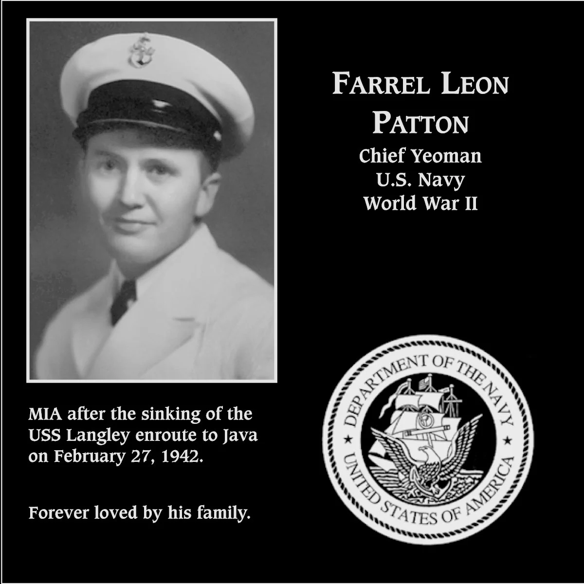 Chief Petty Officer Farrel Leon Patton | Mt. Soledad Virtual Plaque