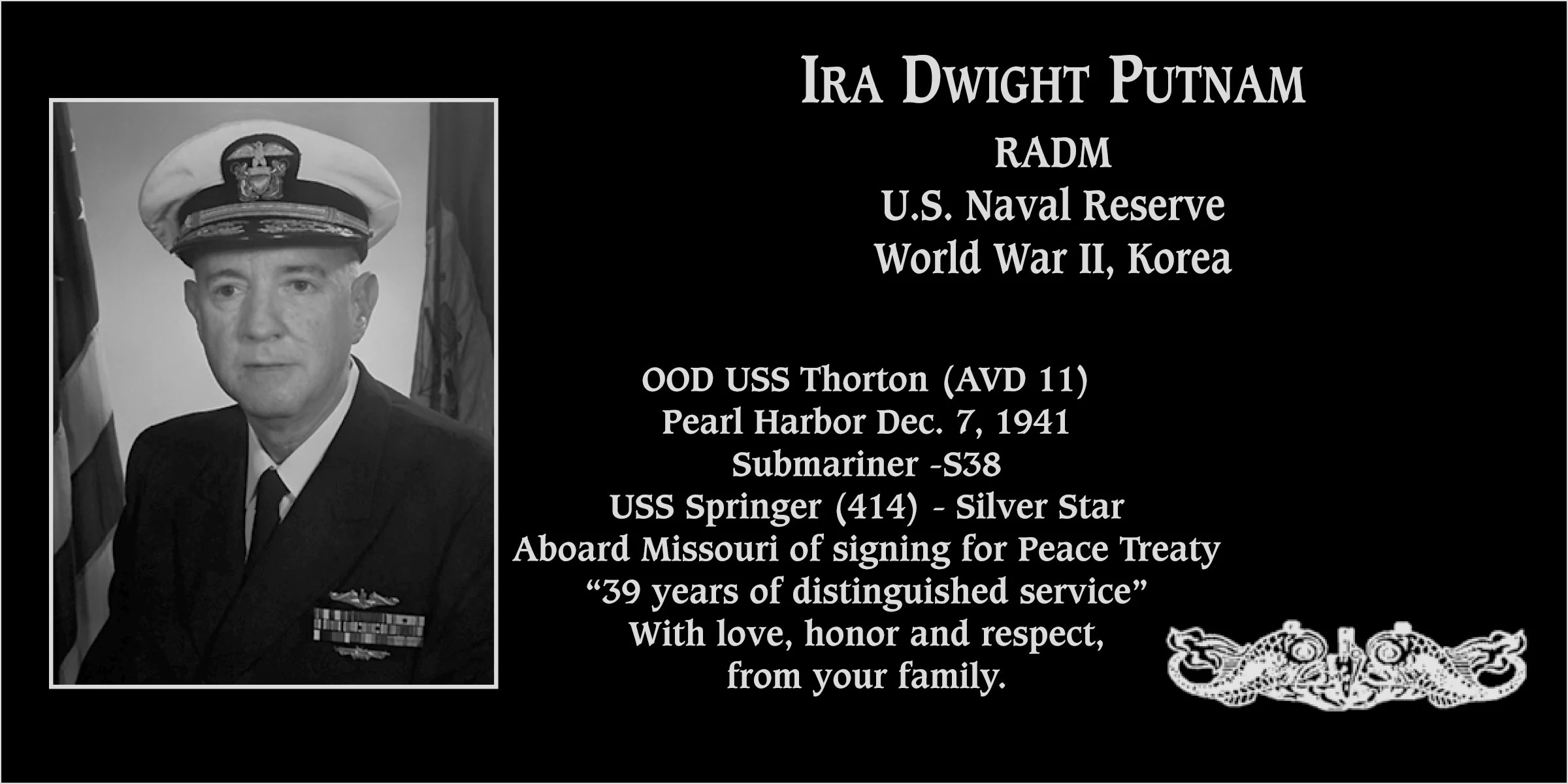 Rear Admiral Upper Half Ira Dwight Putnam | Mt. Soledad Virtual Plaque