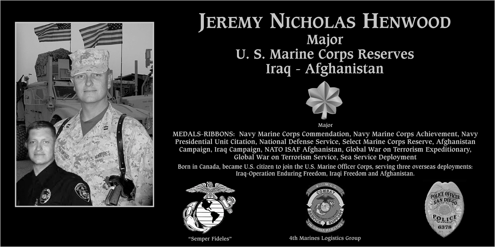 Major Jeremy Nicholas Henwood | Mt. Soledad Virtual Plaque