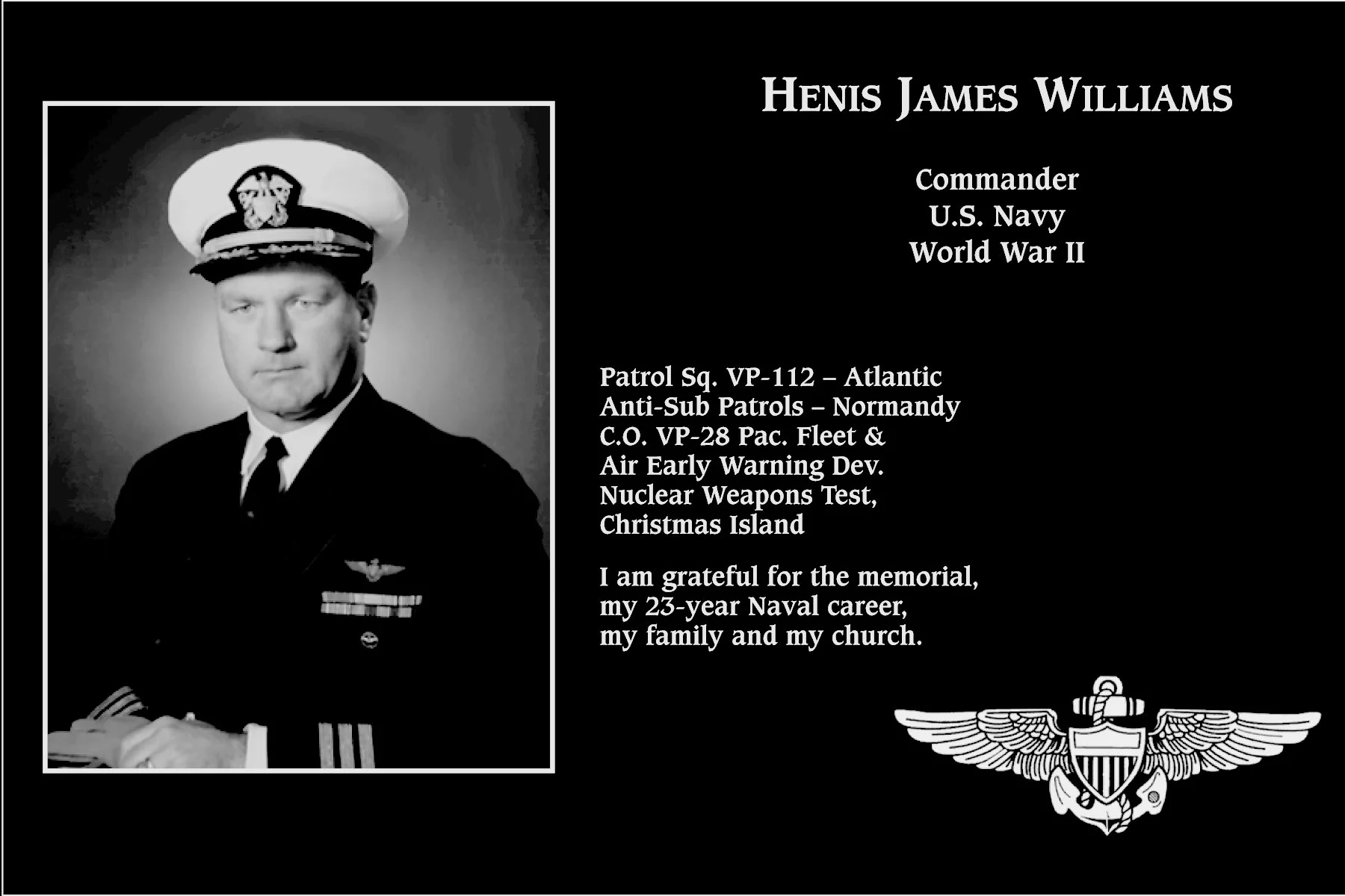 Commander Henis James Williams | Mt. Soledad Virtual Plaque