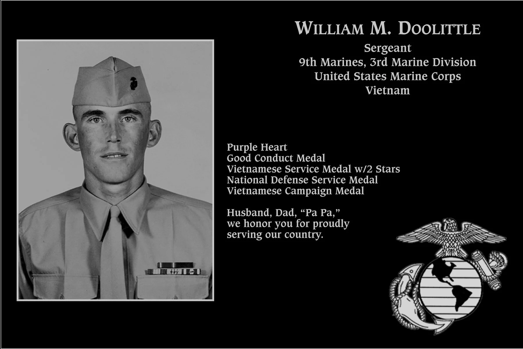 Sergeant William M Doolittle | Mt. Soledad Virtual Plaque