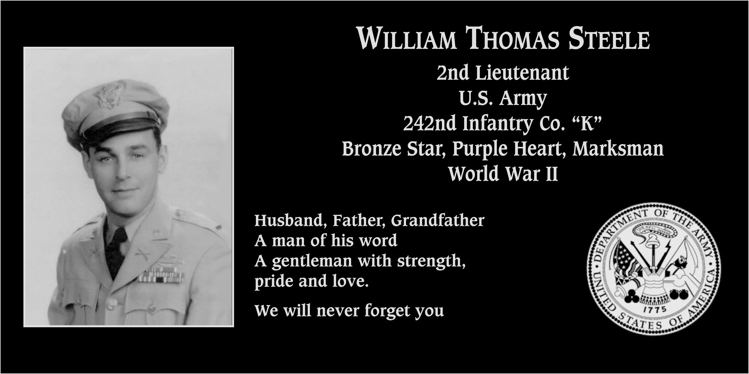 Second Lieutenant William Thomas Steele | Mt. Soledad Virtual Plaque