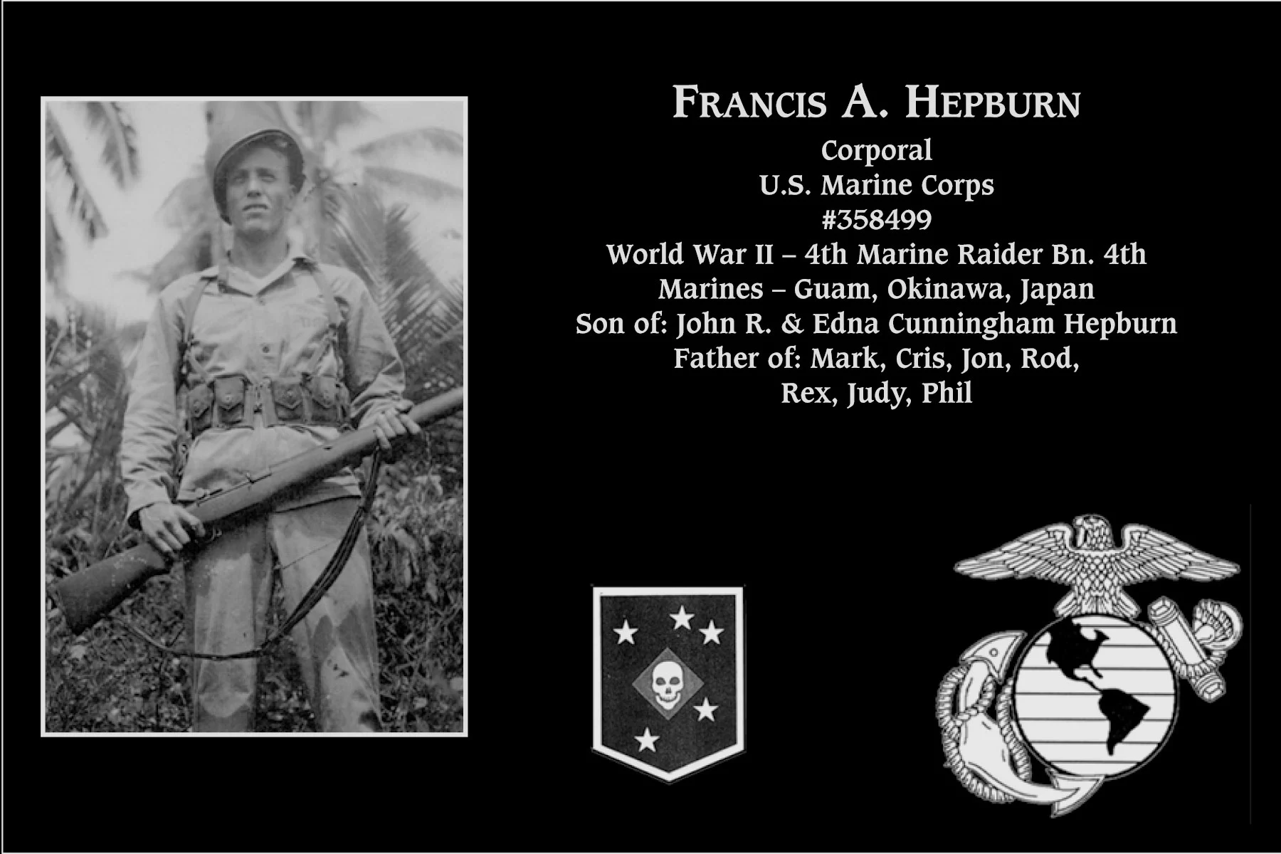 Corporal Francis A Hepburn | Mt. Soledad Virtual Plaque