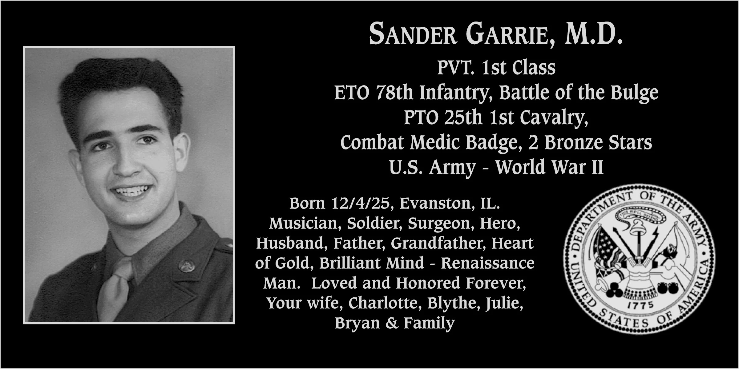 Private First Class Sander Garrie | Mt. Soledad Virtual Plaque