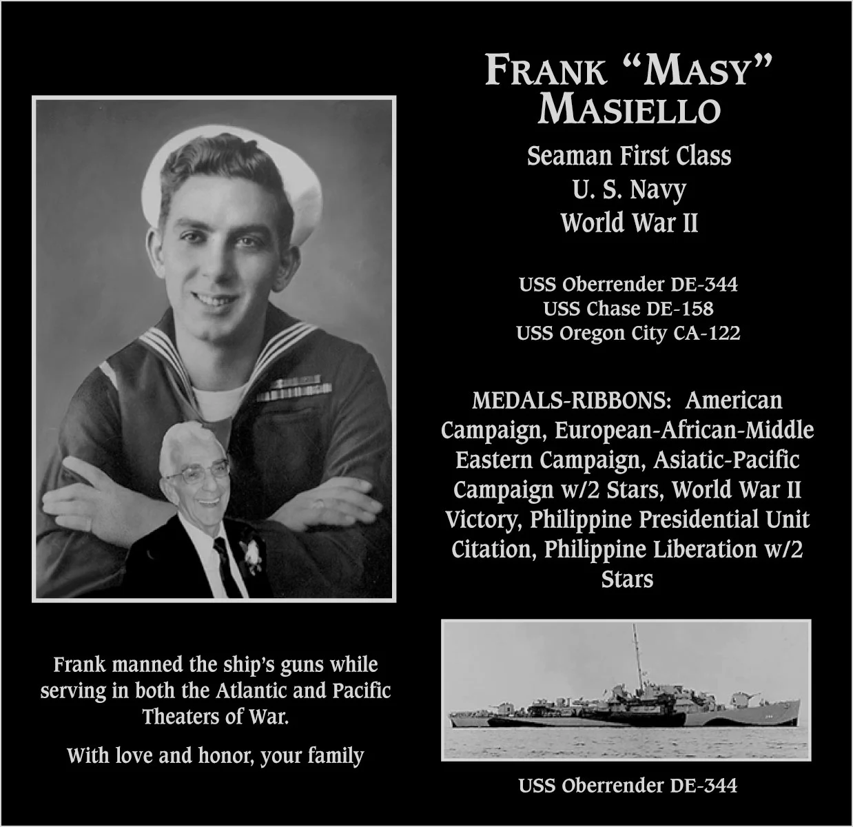 Seaman/Airman/Fireman Frank Masiello | Mt. Soledad Virtual Plaque