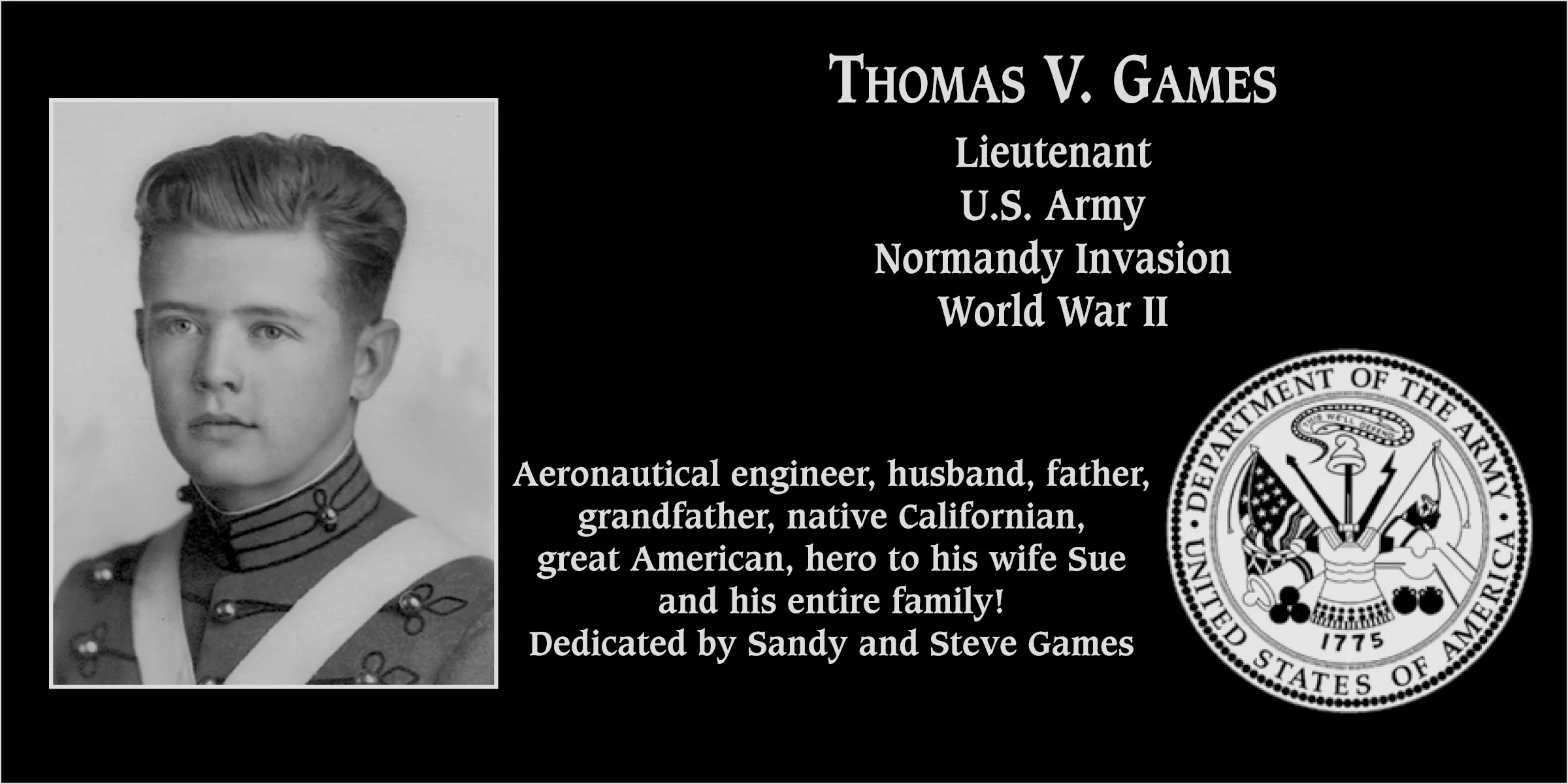 First Lieutenant Thomas V Games | Mt. Soledad Virtual Plaque