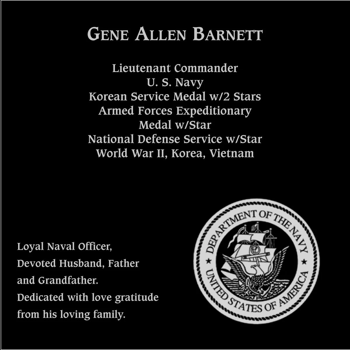 Lieutenant Commander Gene Allen Barnett | Mt. Soledad Virtual Plaque