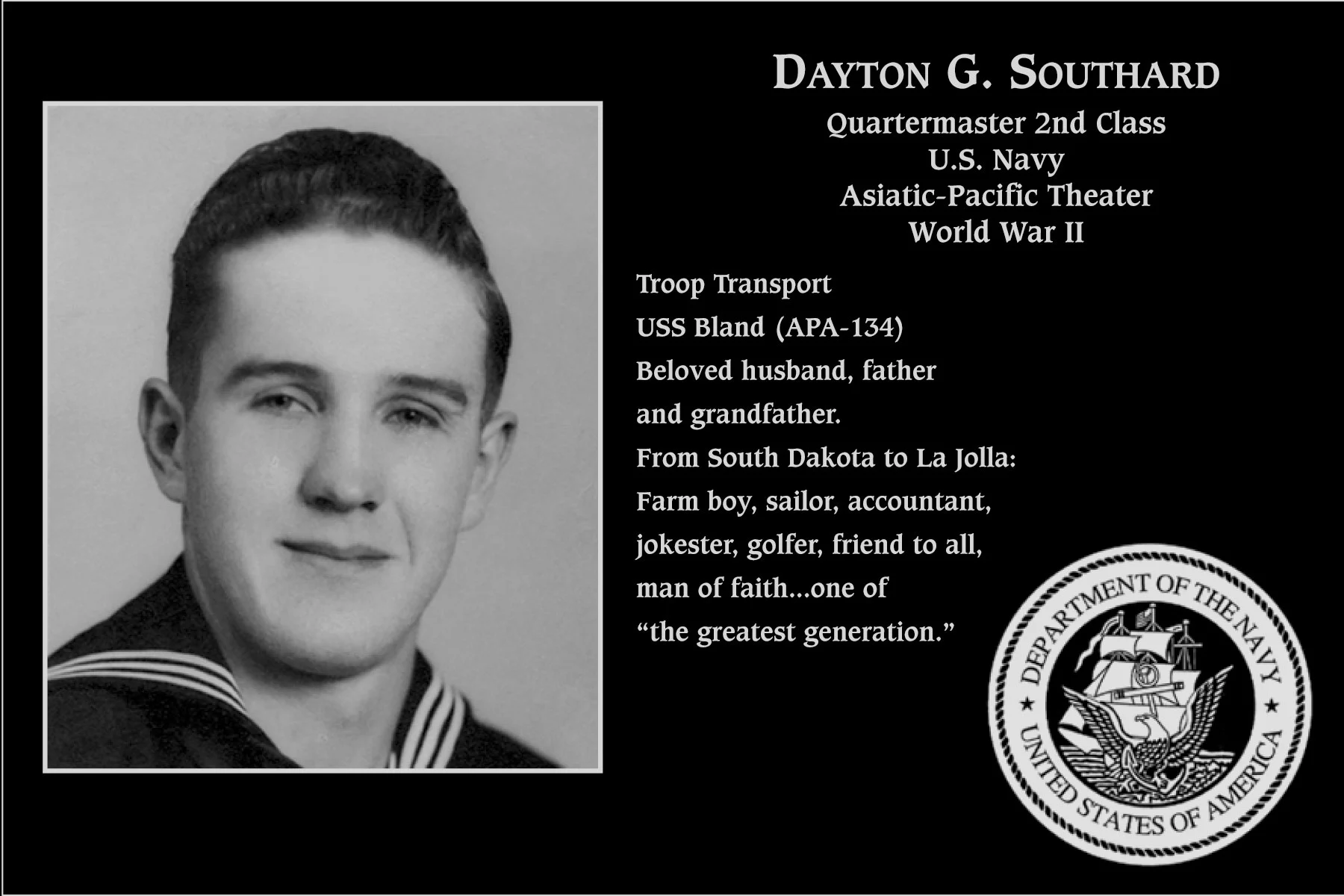 Petty Officer Second Class Dayton G Southard | Mt. Soledad Virtual Plaque