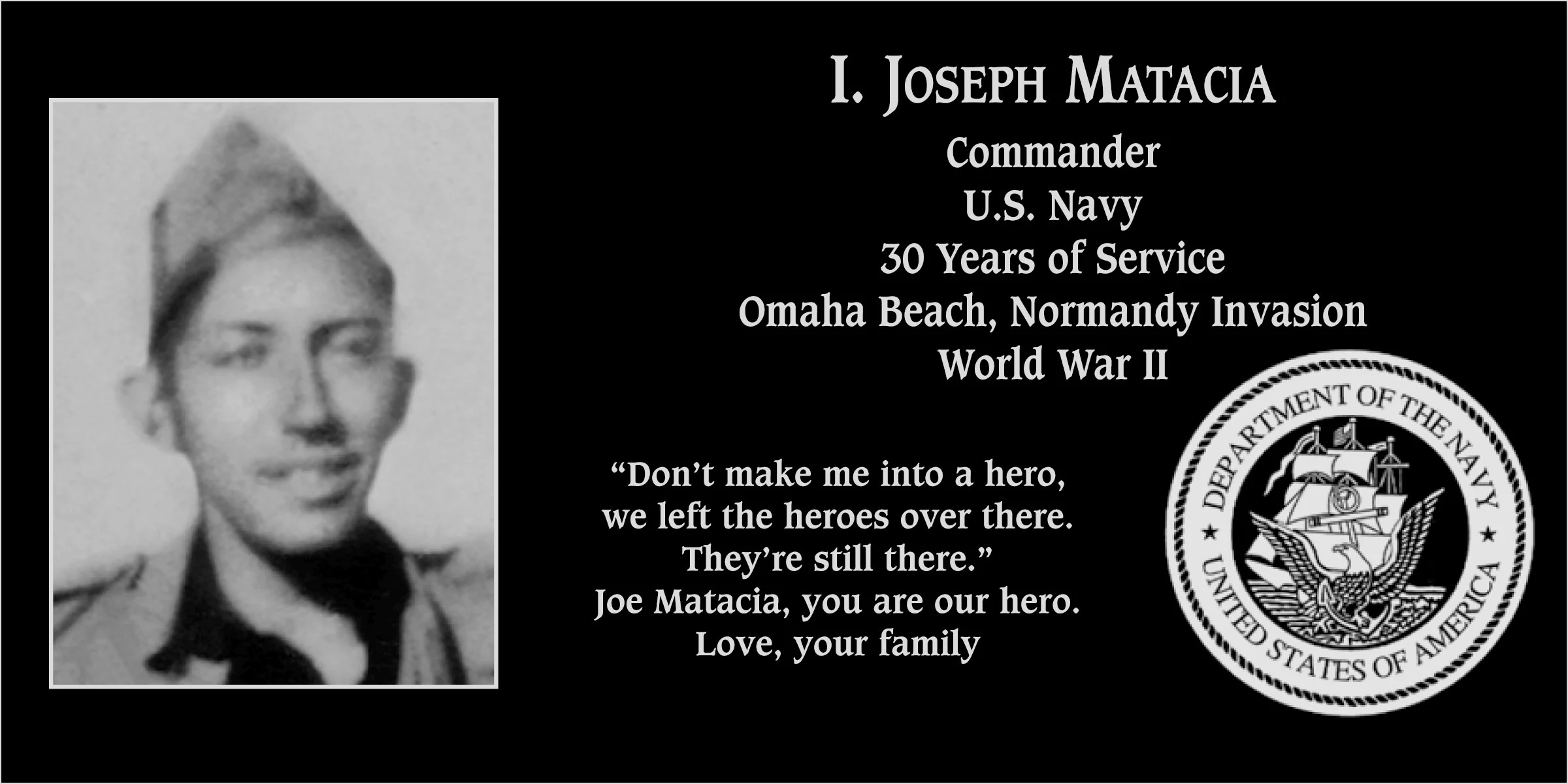 Commander I Joseph Matacia | Mt. Soledad Virtual Plaque