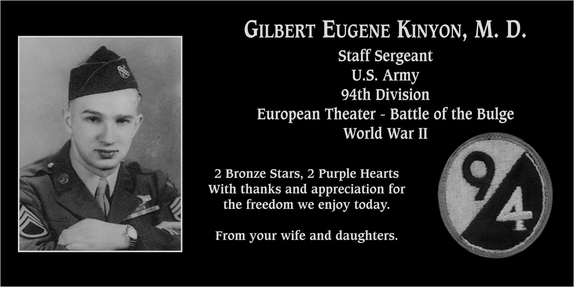 Staff Sergeant Gilbert Eugene Kinyon | Mt. Soledad Virtual Plaque