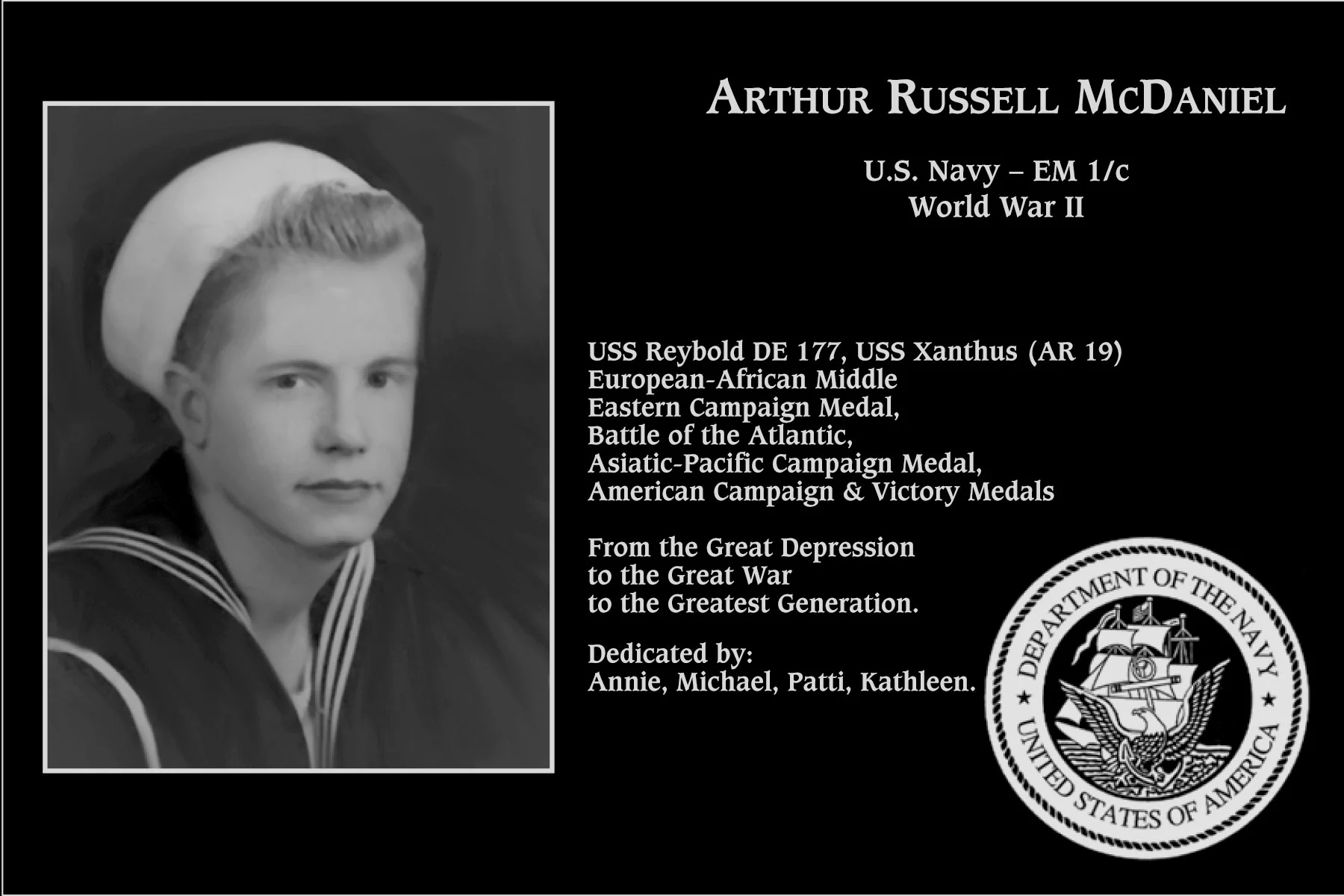Petty Officer First Class Arthur Russell McDaniel | Mt. Soledad Virtual ...