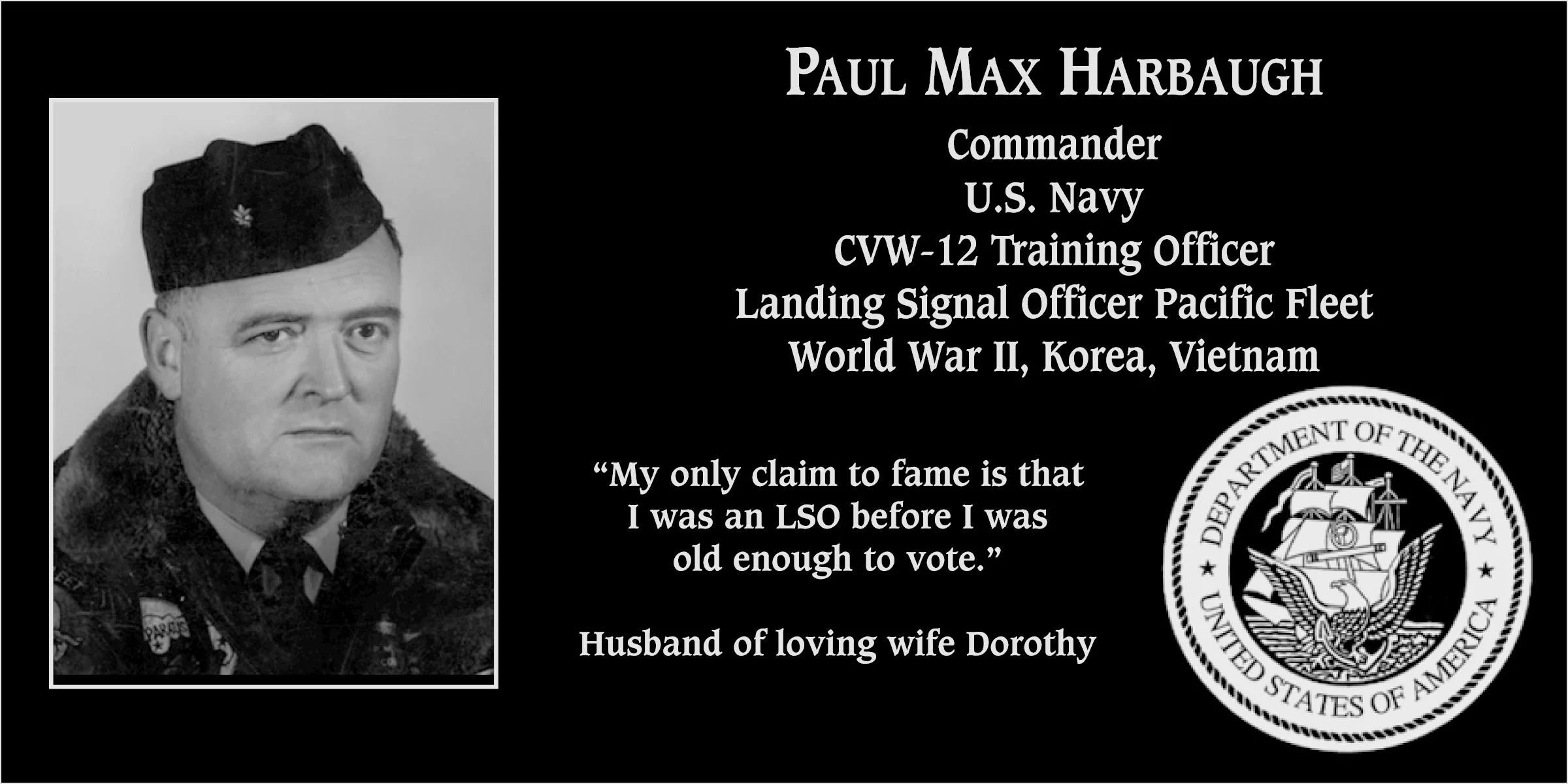 Commander Paul Max Harbaugh | Mt. Soledad Virtual Plaque