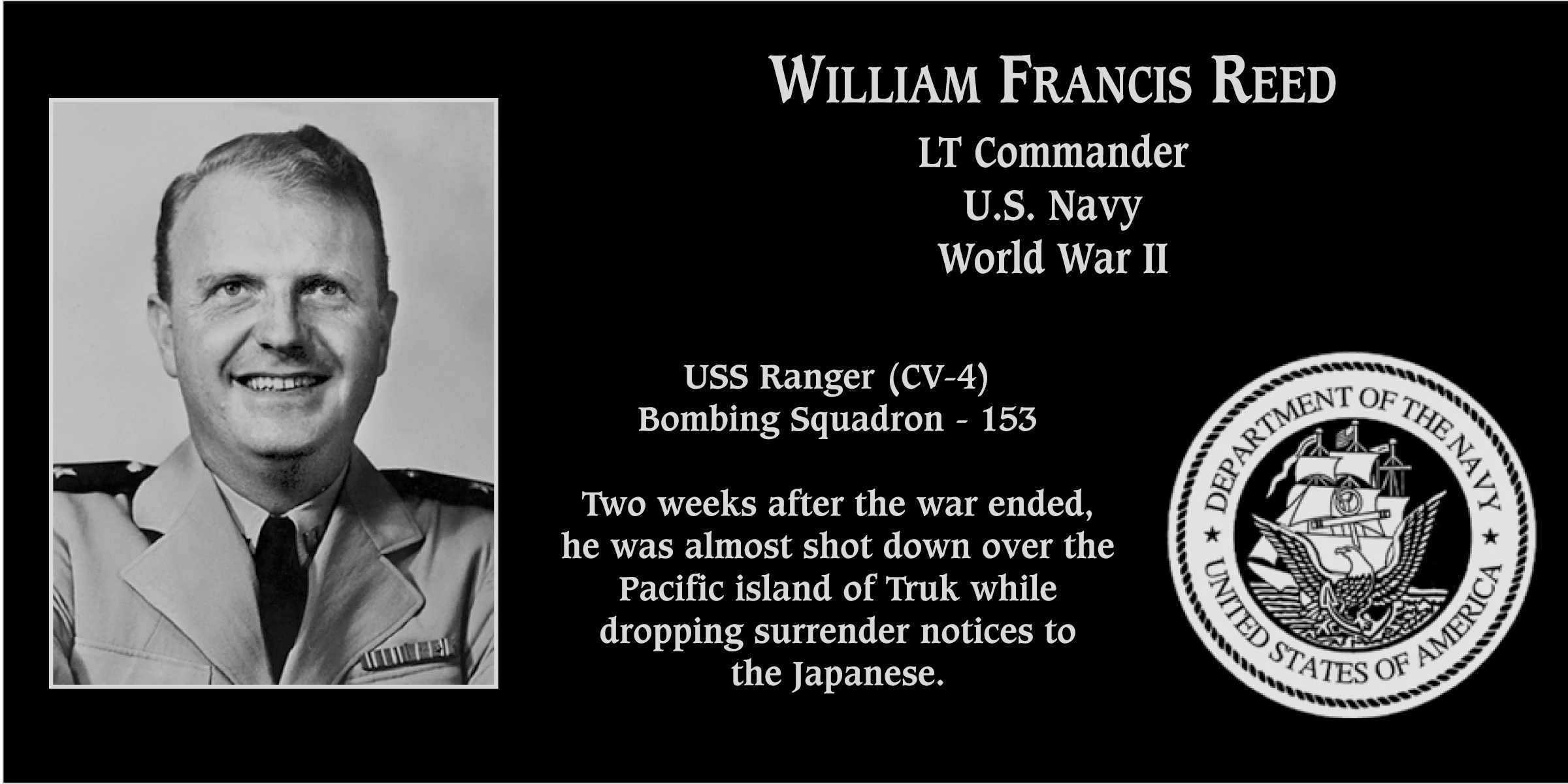 Lieutenant Commander William Francis Reed | Mt. Soledad Virtual Plaque