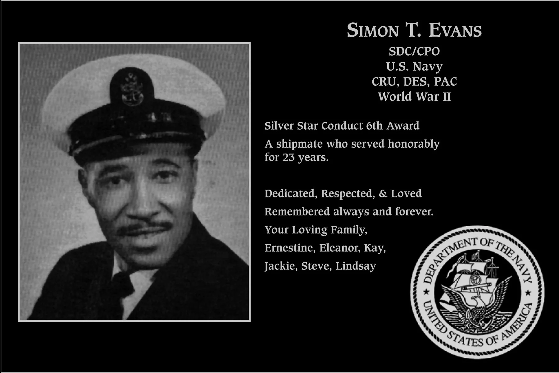 Chief Petty Officer Simon T Evans | Mt. Soledad Virtual Plaque