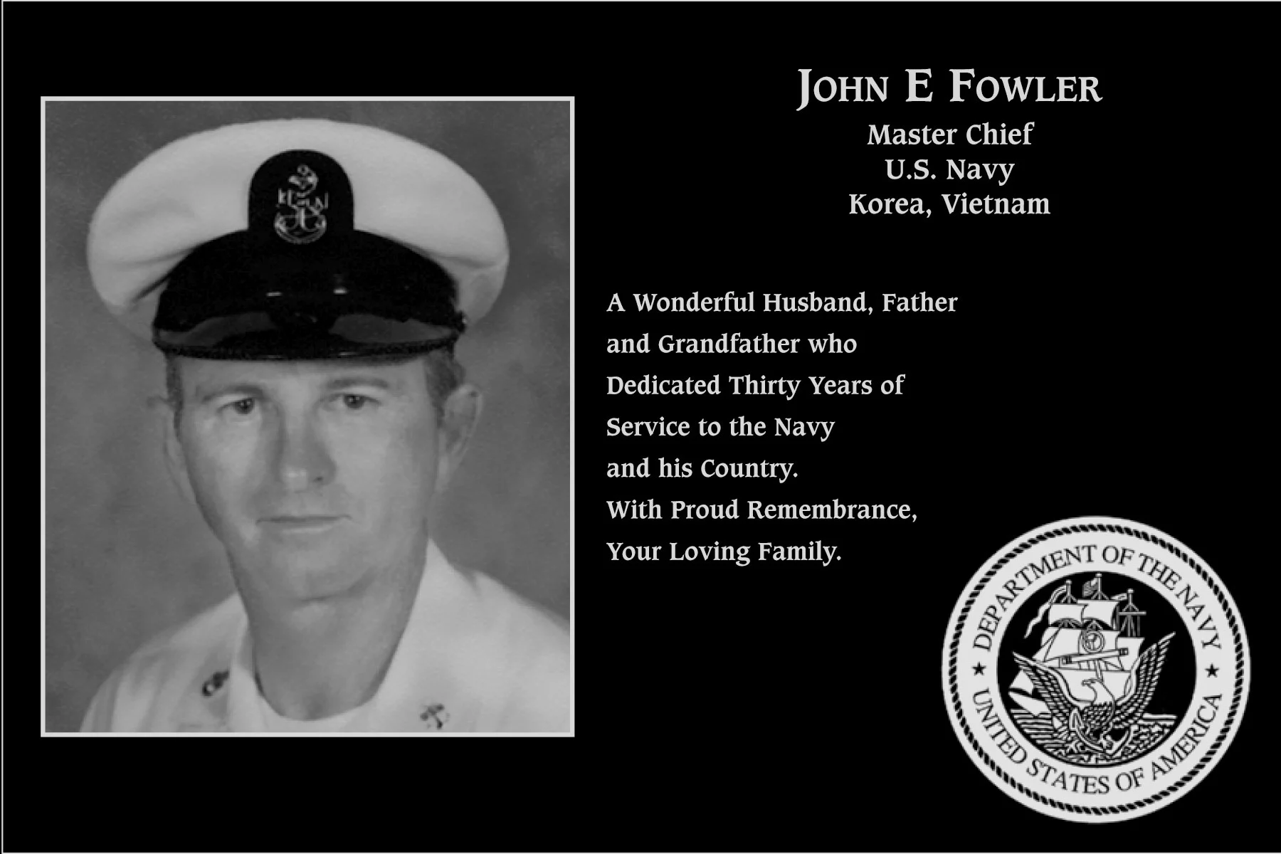 Master Chief Petty Officer John E Fowler | Mt. Soledad Virtual Plaque