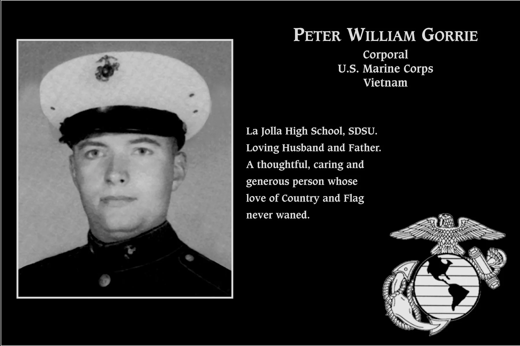 Corporal Peter William Gorrie | Mt. Soledad Virtual Plaque