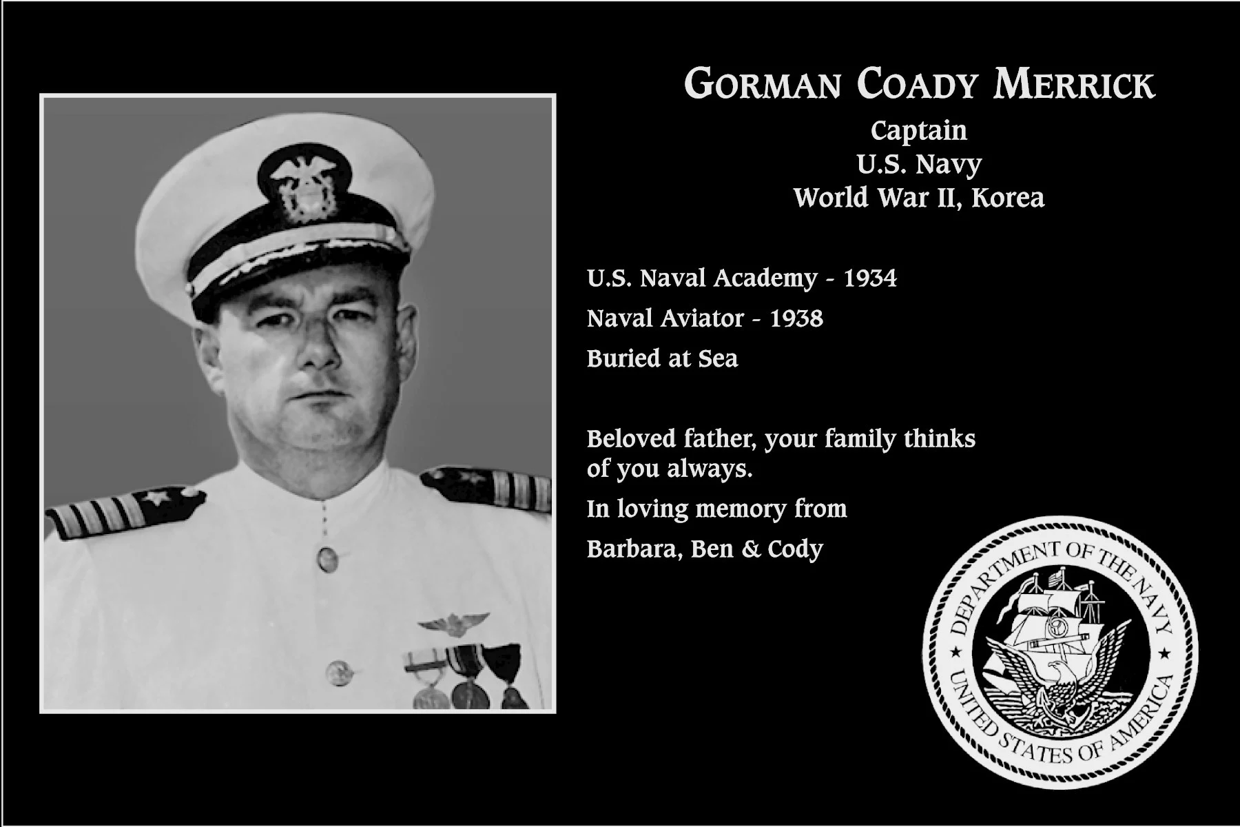 Captain Gorman Coady Merrick | Mt. Soledad Virtual Plaque