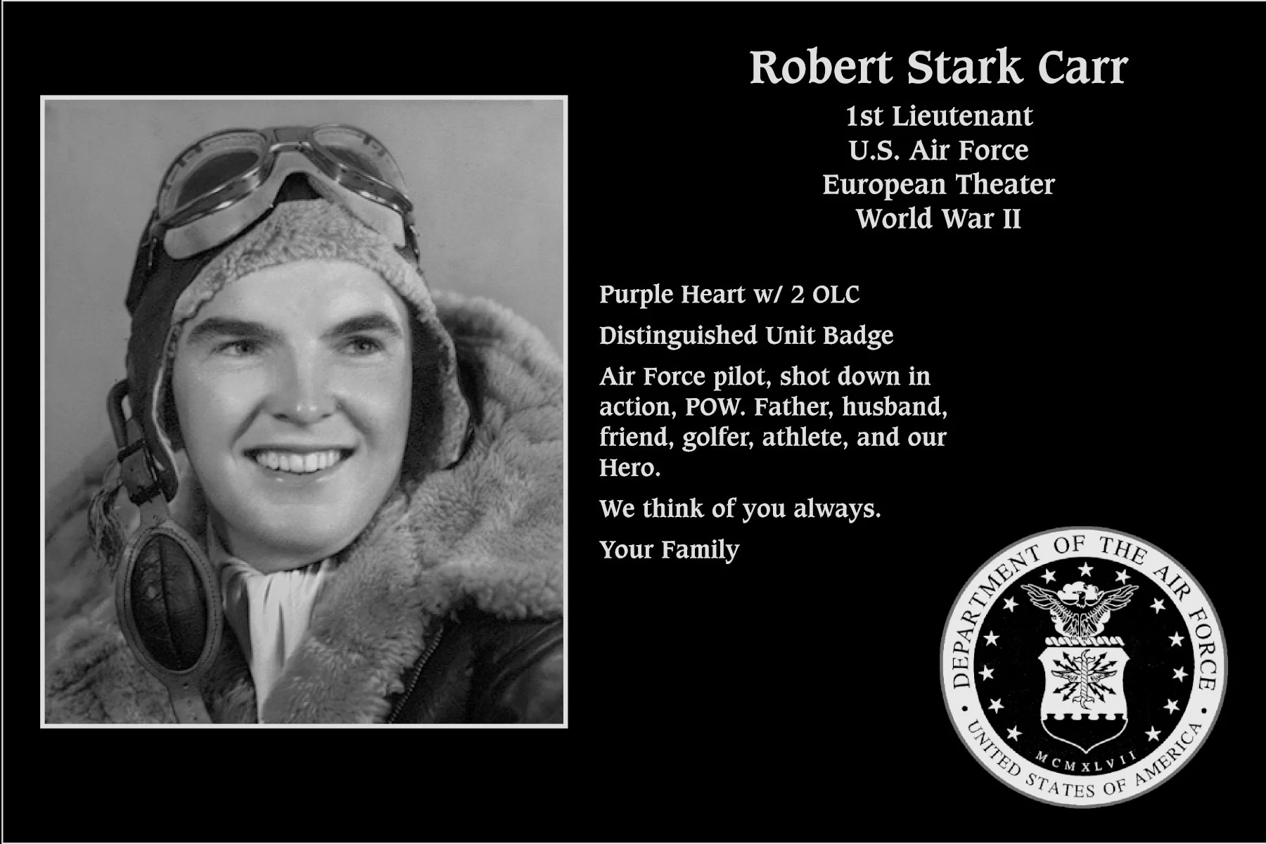 First Lieutenant Robert Stark Carr | Mt. Soledad Virtual Plaque