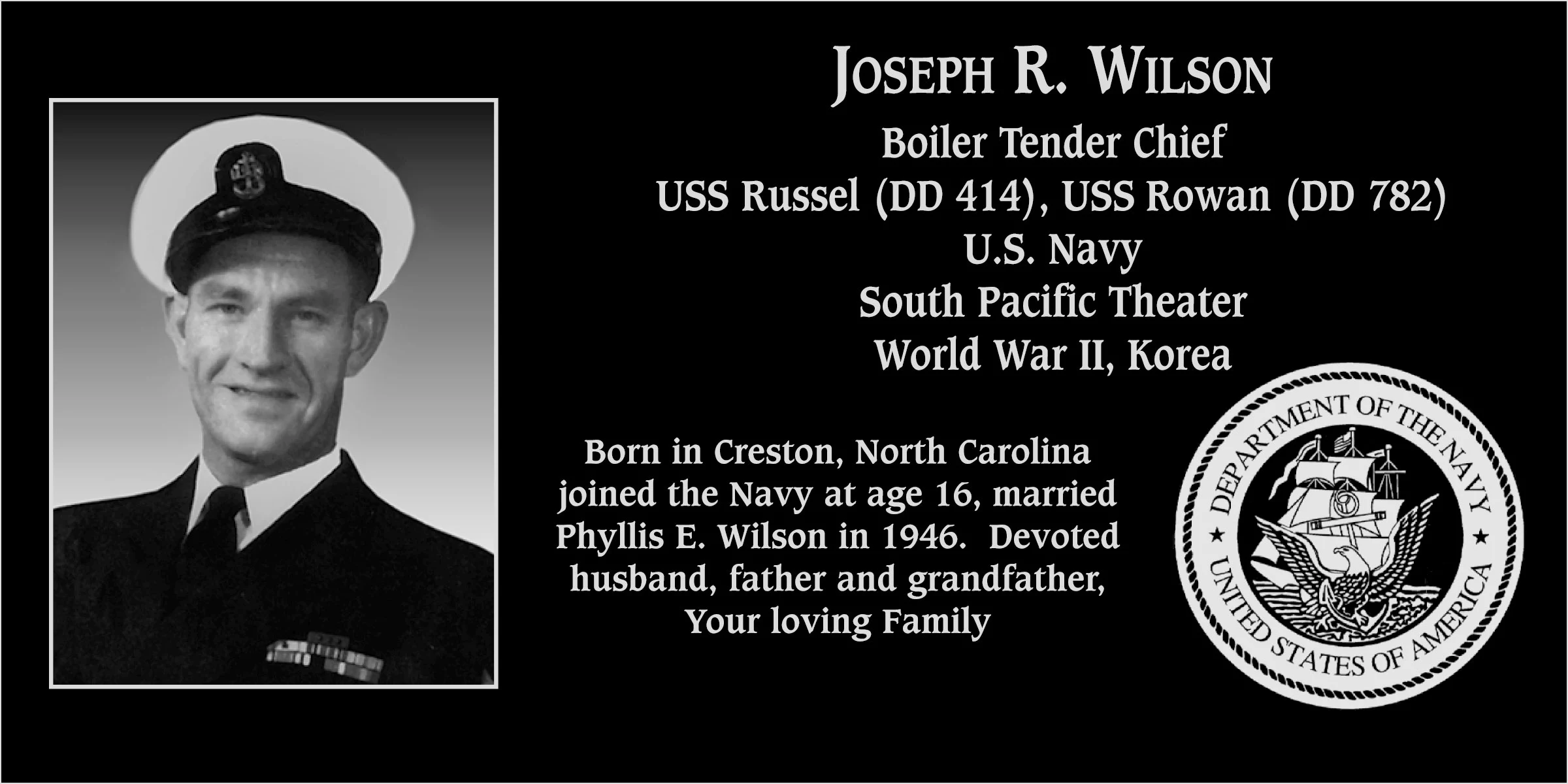 Chief Petty Officer Joseph R Wilson | Mt. Soledad Virtual Plaque