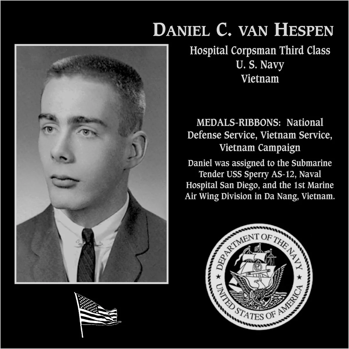 Petty Officer Third Class Daniel C van Hespen | Mt. Soledad Virtual Plaque