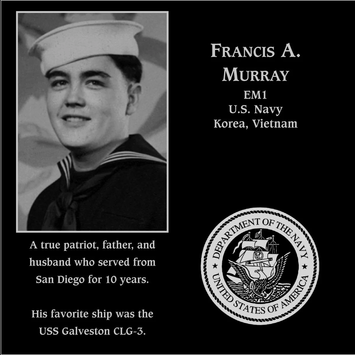 Petty Officer First Class Francis A Murray | Mt. Soledad Virtual Plaque