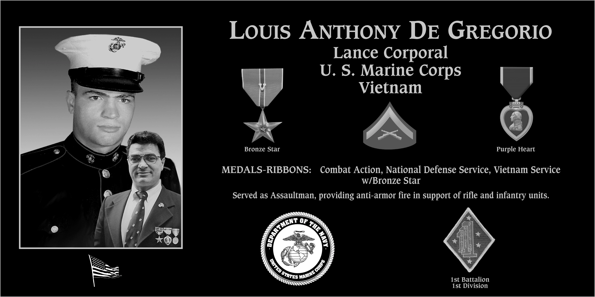 Lance Corporal Louis Anthony De Gregorio | Mt. Soledad Virtual Plaque