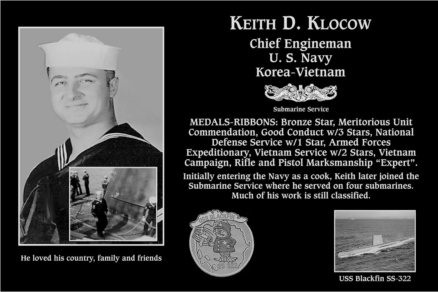 Chief Petty Officer Keith D Klocow | Mt. Soledad Virtual Plaque