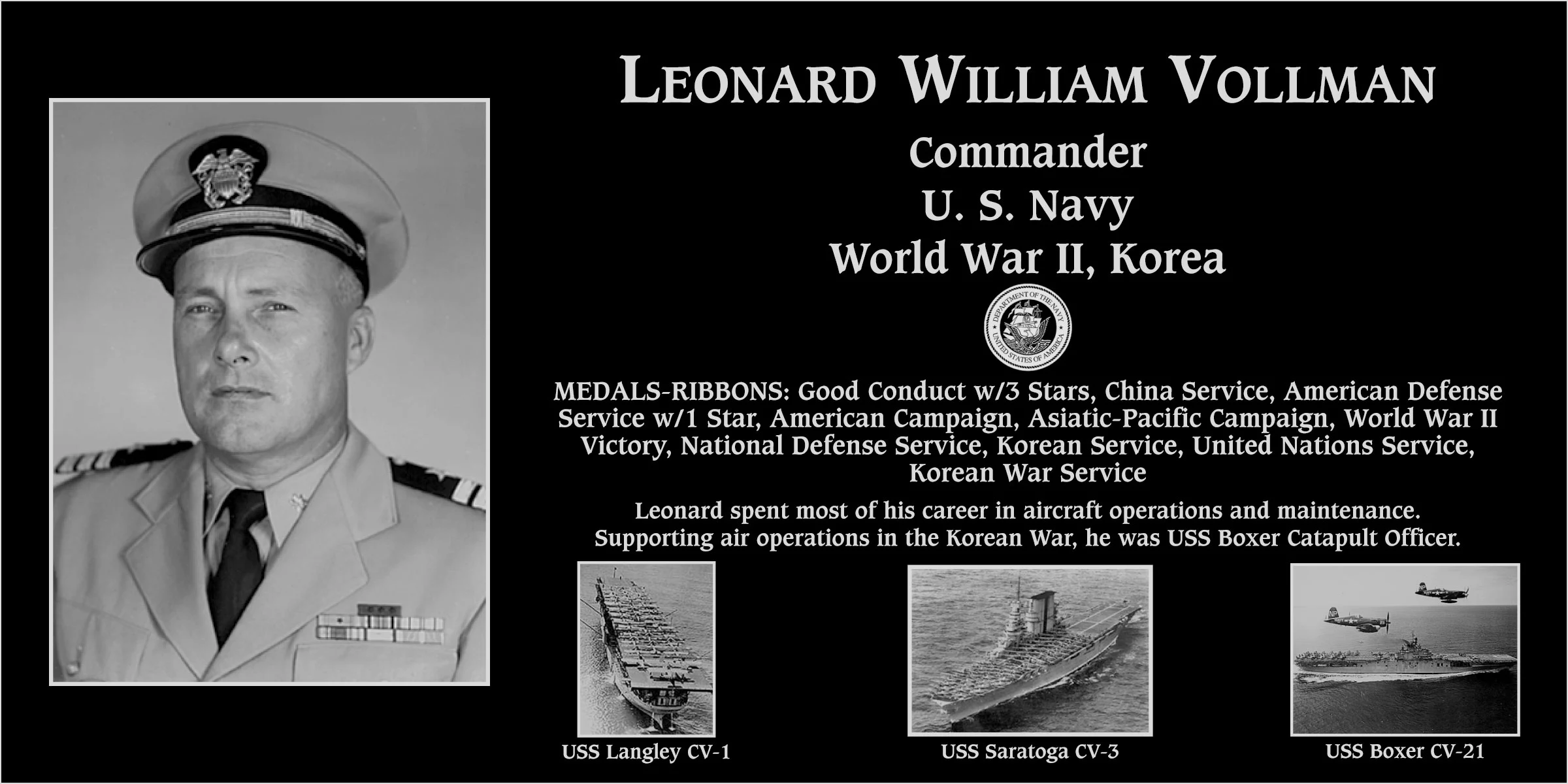 Commander Leonard William Vollman | Mt. Soledad Virtual Plaque