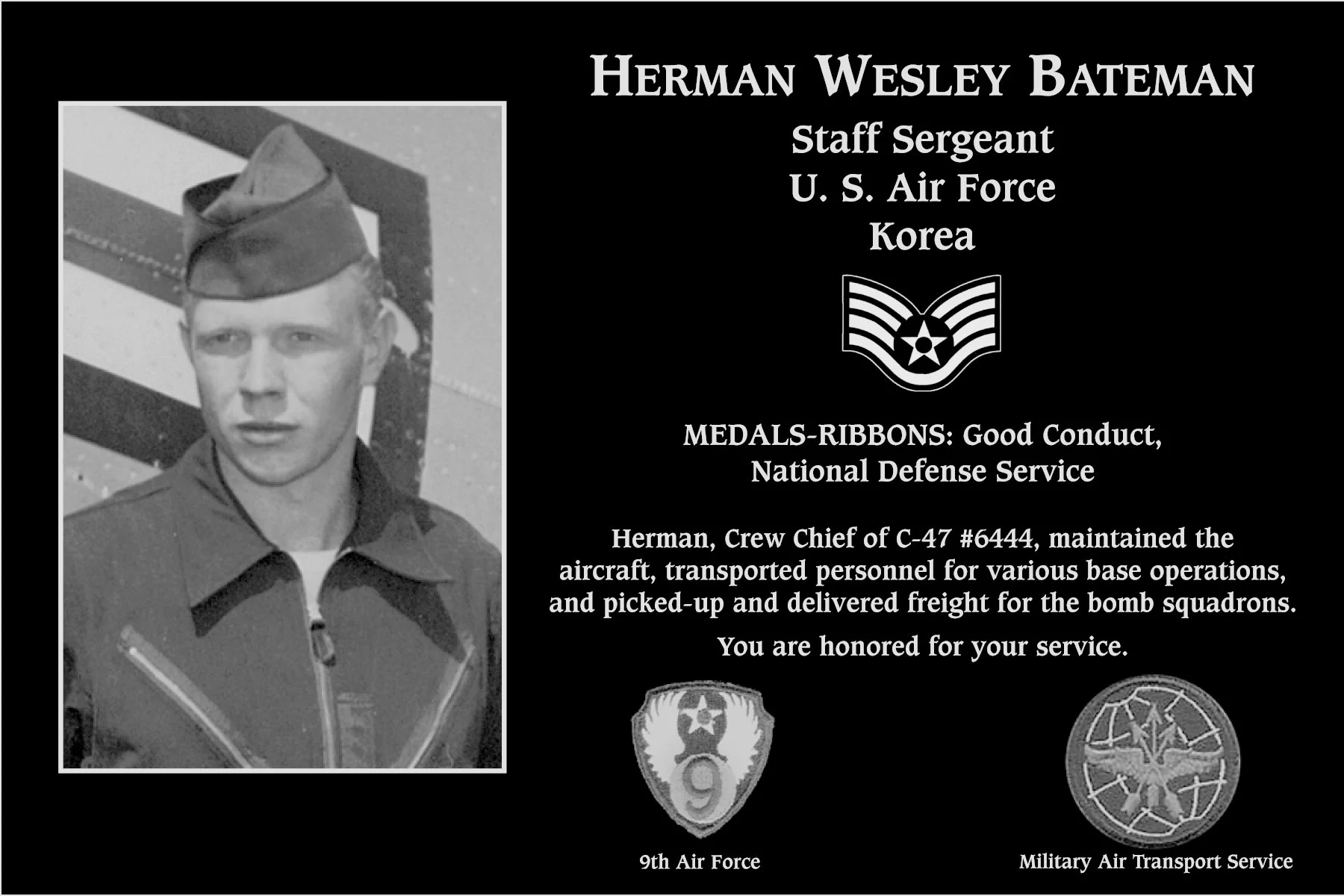 Staff Sergeant Herman Wesley Bateman | Mt. Soledad Virtual Plaque