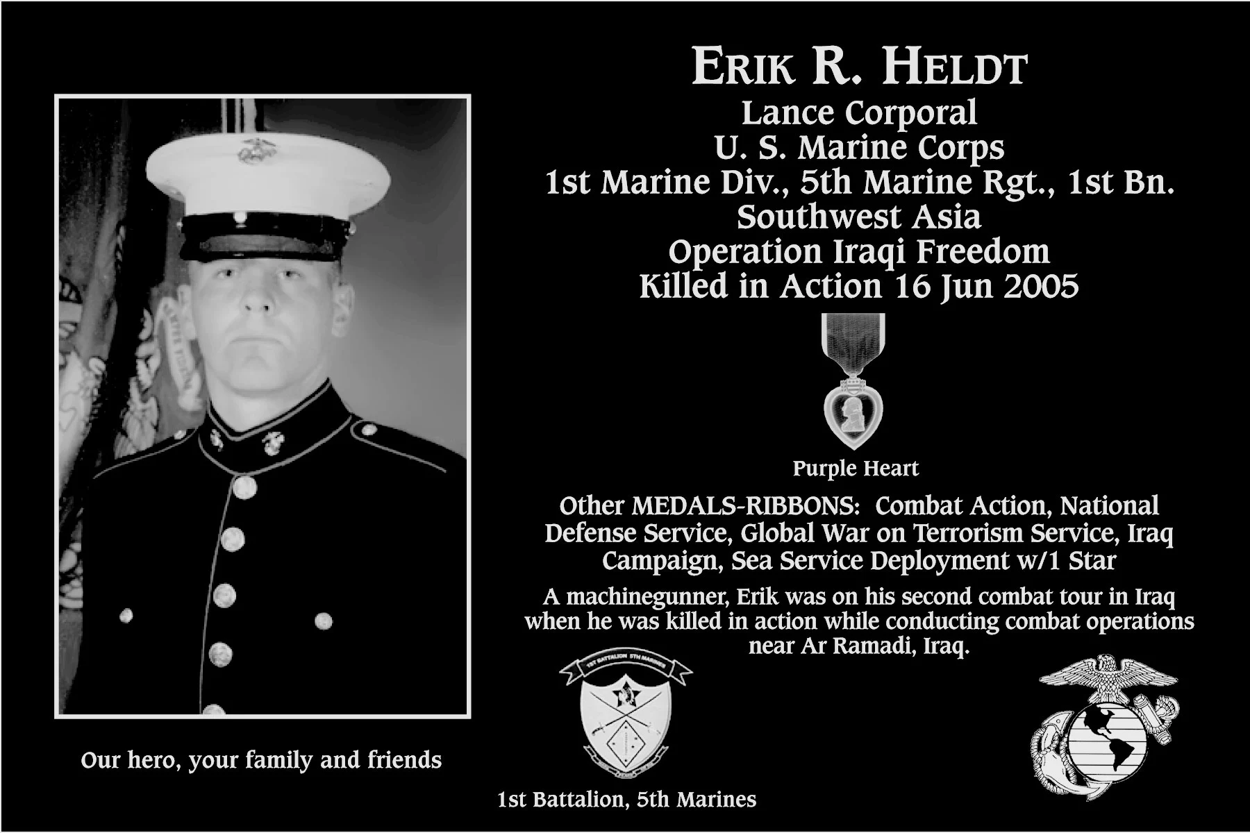 Lance Corporal Erik R Heldt | Mt. Soledad Virtual Plaque