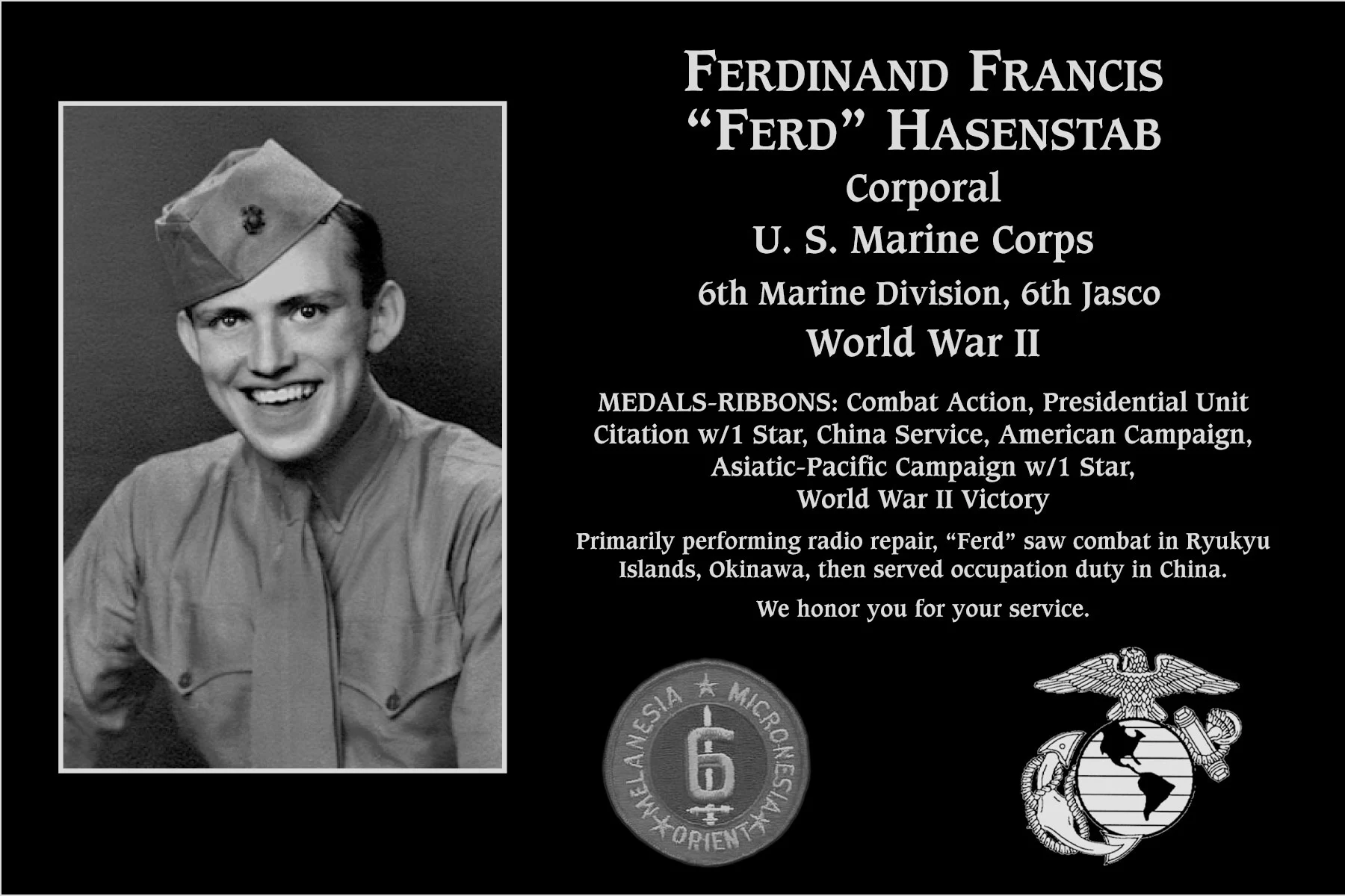 Corporal Ferdinand Francis Hasenstab | Mt. Soledad Virtual Plaque