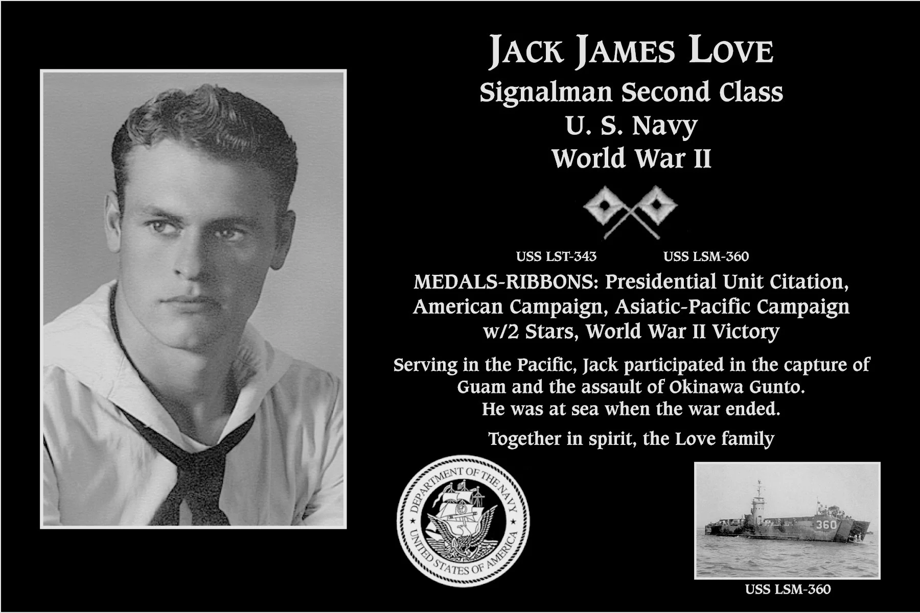 Petty Officer Second Class Jack James Love | Mt. Soledad Virtual Plaque