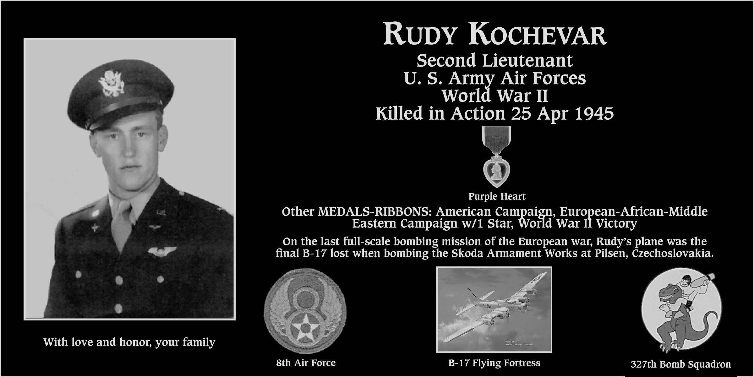 Second Lieutenant Rudy Kochevar | Mt. Soledad Virtual Plaque