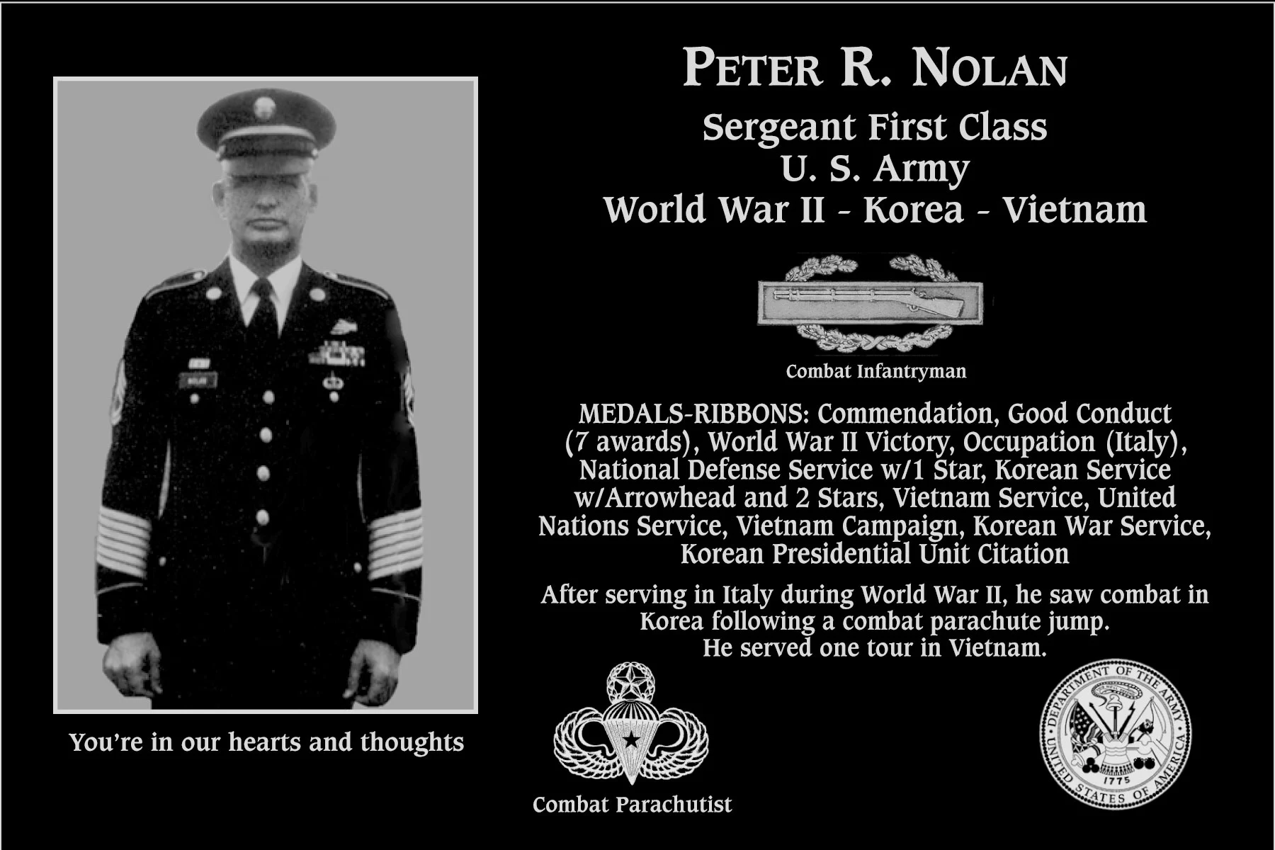 Sergeant First Class Peter R Nolan | Mt. Soledad Virtual Plaque