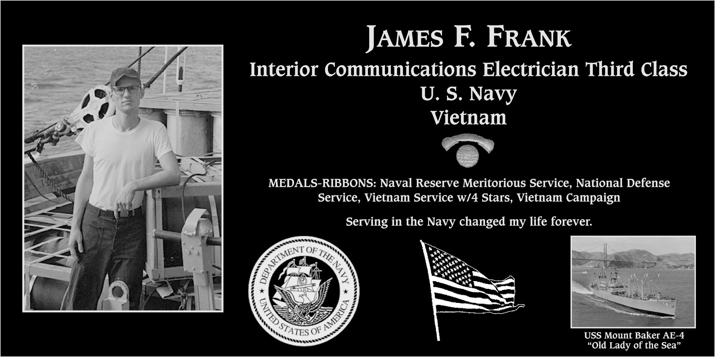 Petty Officer Third Class James F Frank | Mt. Soledad Virtual Plaque