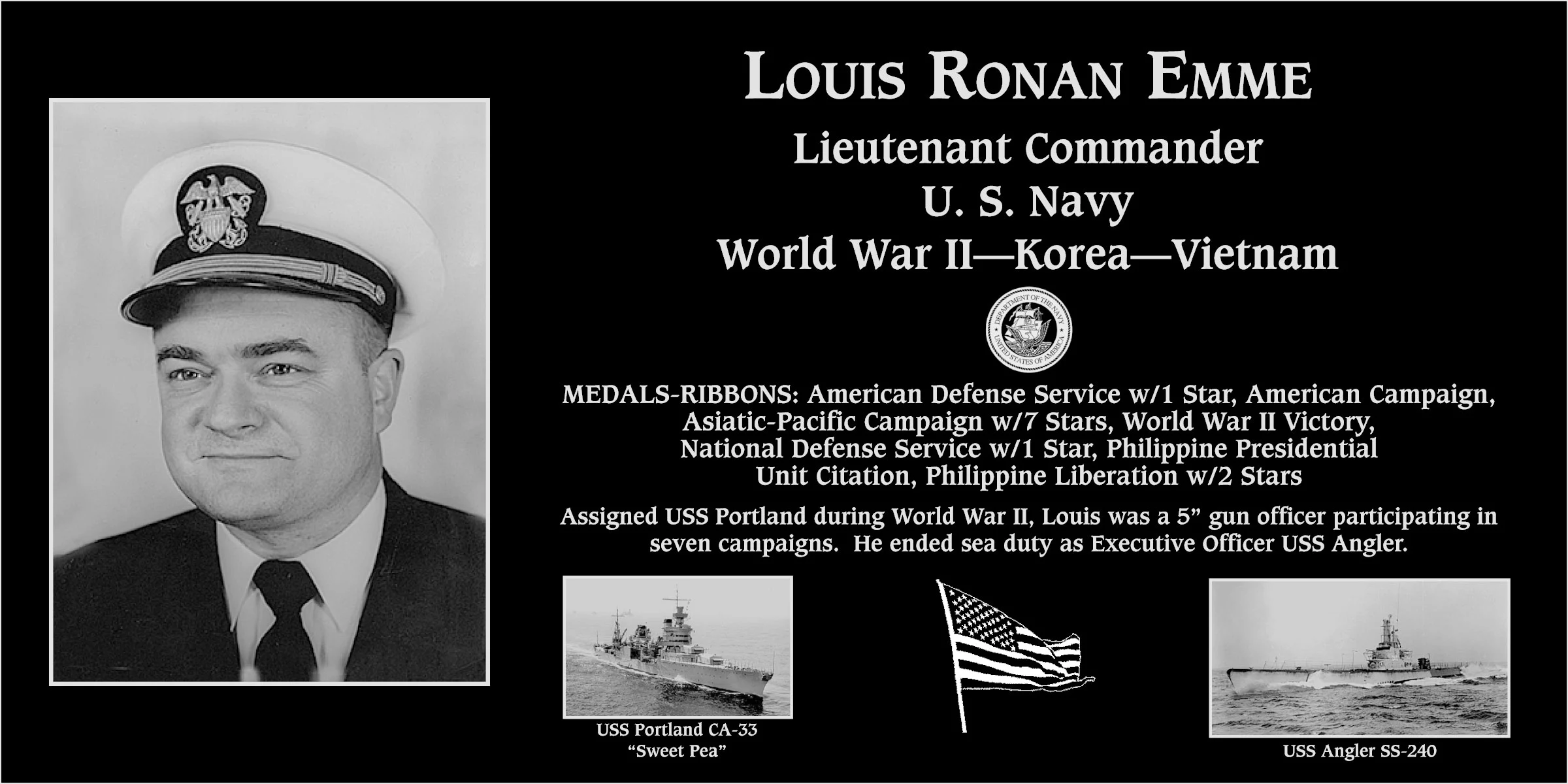 Lieutenant Commander Louis Ronan Emme | Mt. Soledad Virtual Plaque