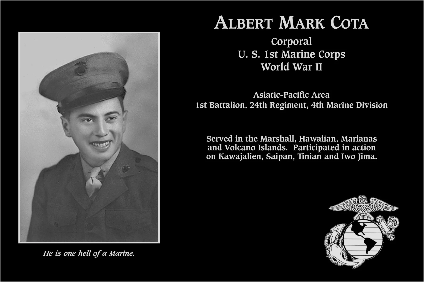 Corporal Albert Mark Cota | Mt. Soledad Virtual Plaque
