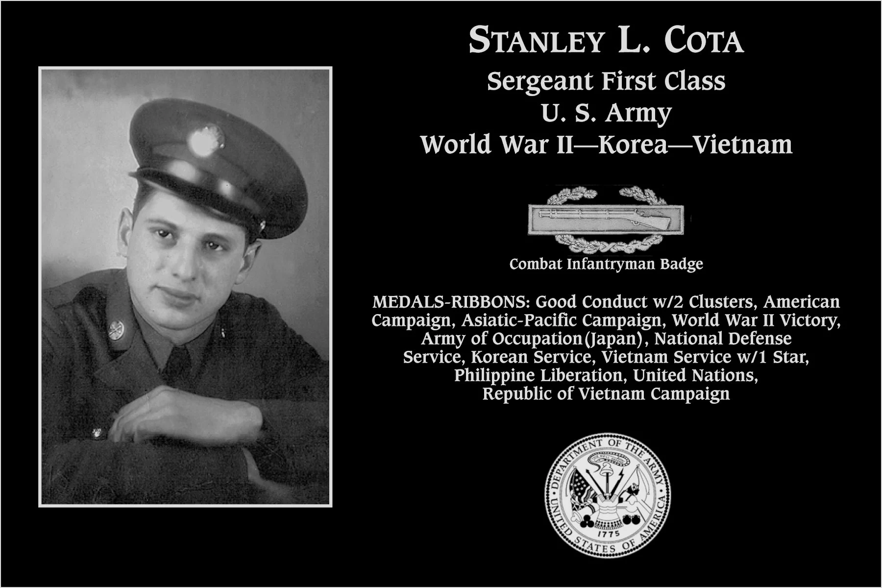 Sergeant First Class Stanley L Cota | Mt. Soledad Virtual Plaque