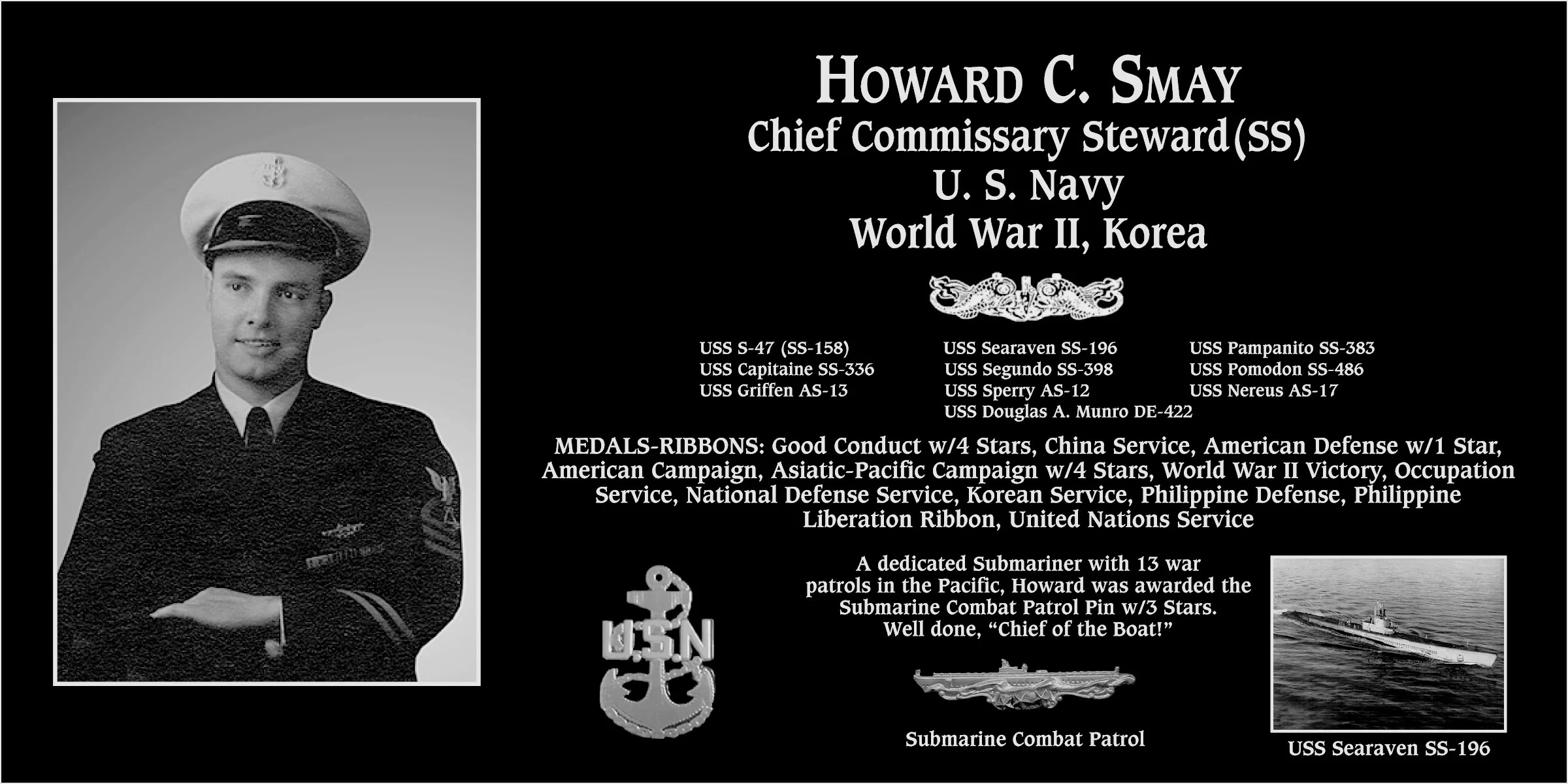 Chief Petty Officer Howard C Smay | Mt. Soledad Virtual Plaque