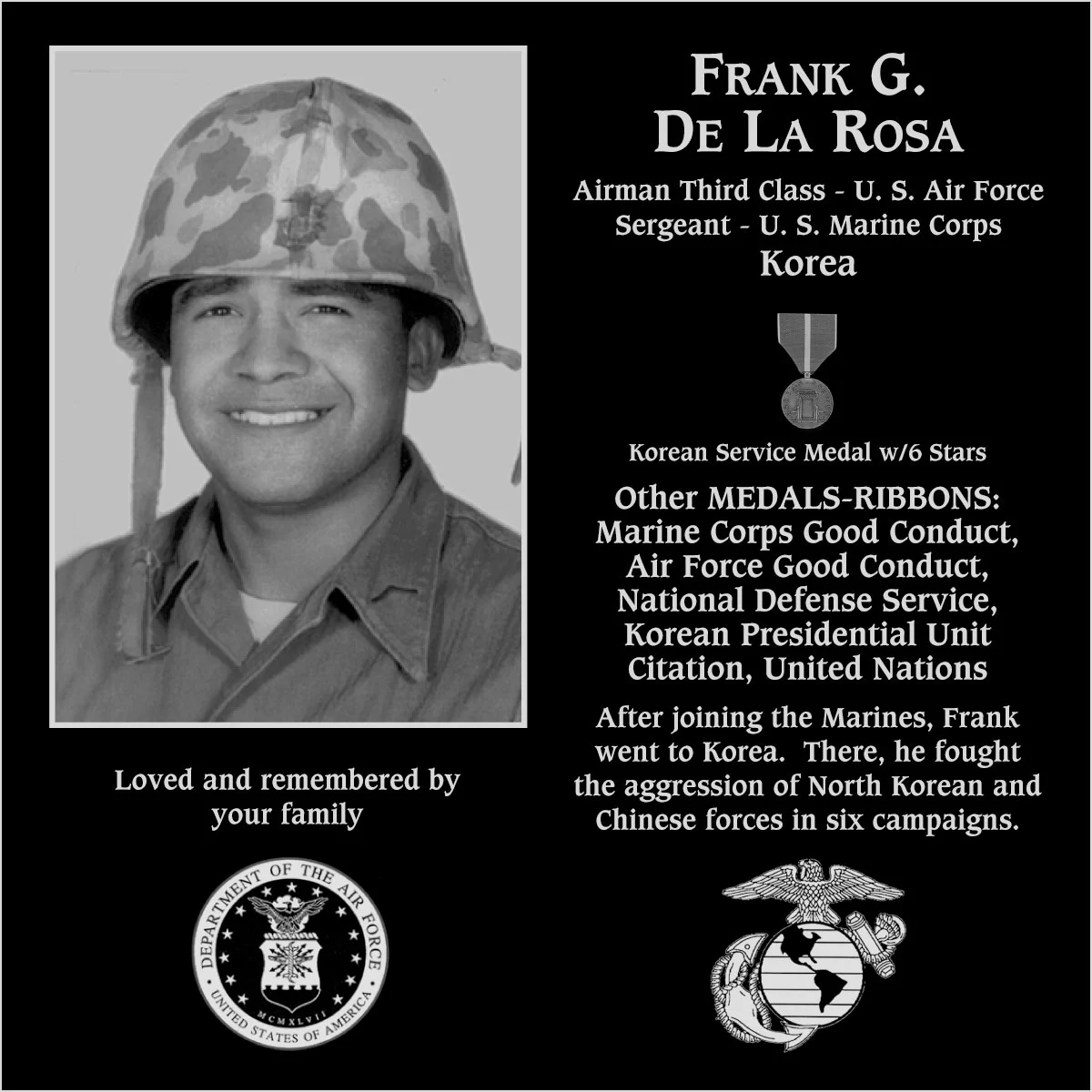 Sergeant Frank G De La Rosa | Mt. Soledad Virtual Plaque