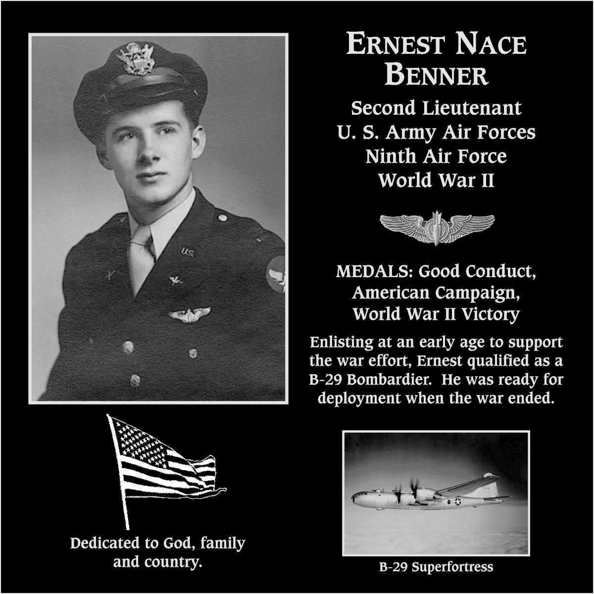 Second Lieutenant Ernest Nace Benner | Mt. Soledad Virtual Plaque