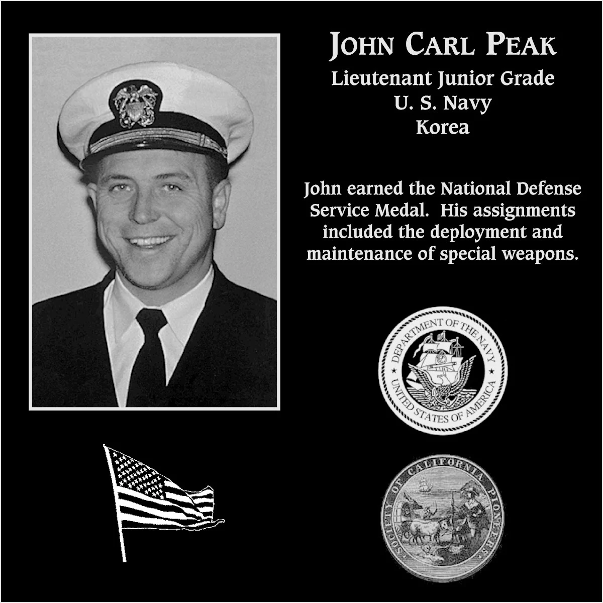 Lieutenant, Junior Grade John Carl Peak | Mt. Soledad Virtual Plaque