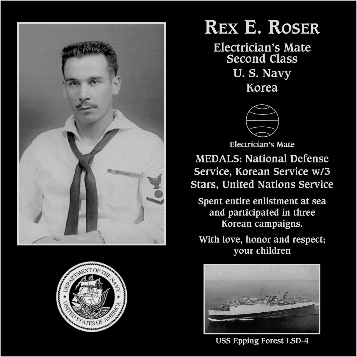 Petty Officer Second Class Rex E Roser | Mt. Soledad Virtual Plaque
