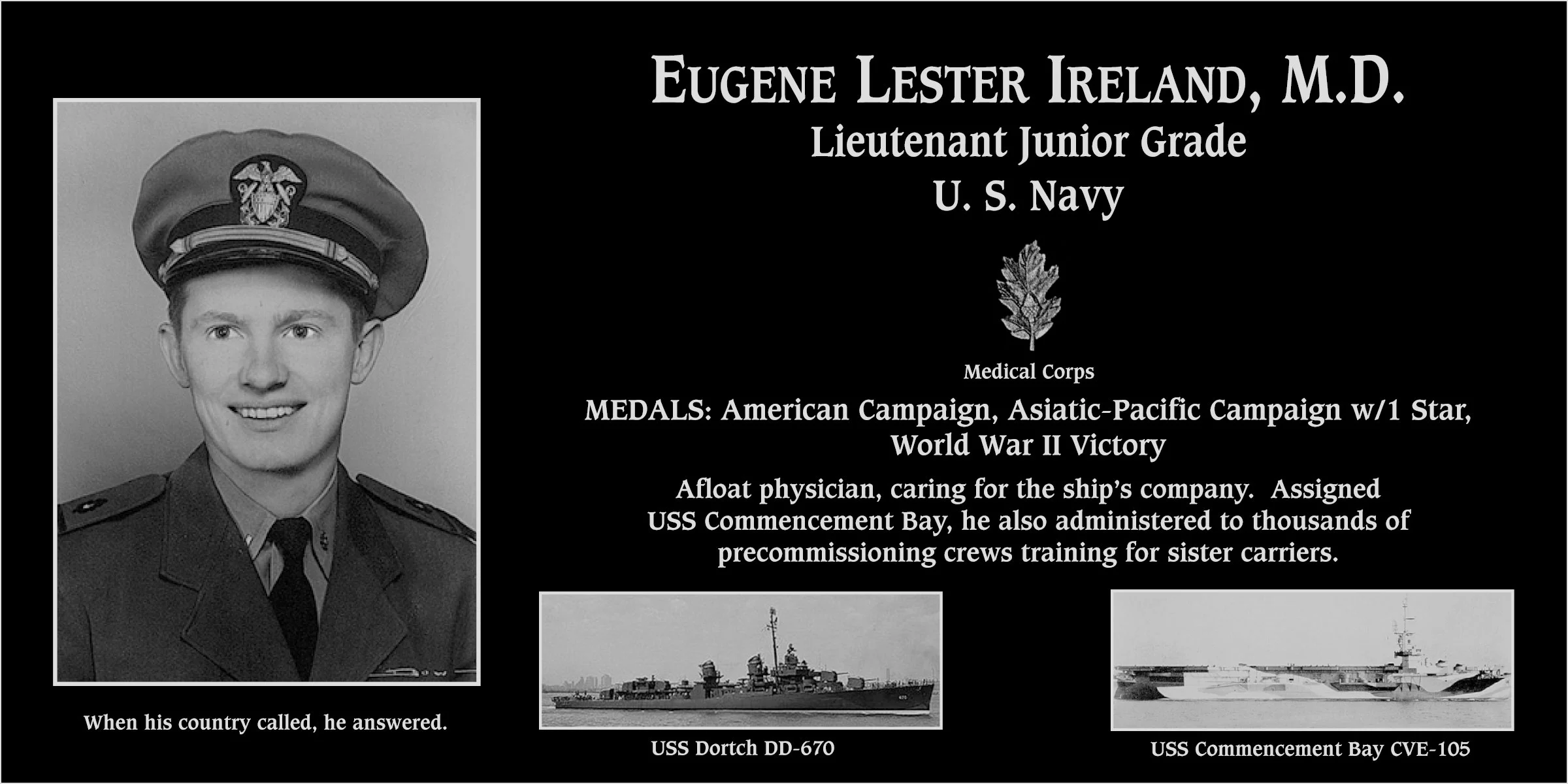 Lieutenant, Junior Grade Eugene Lester Ireland | Mt. Soledad Virtual Plaque