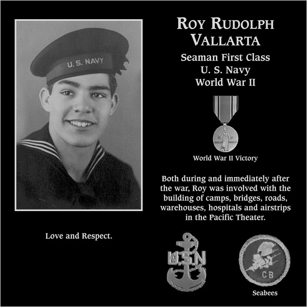 Seaman/Airman/Fireman Roy Rudolph Vallarta | Mt. Soledad Virtual Plaque