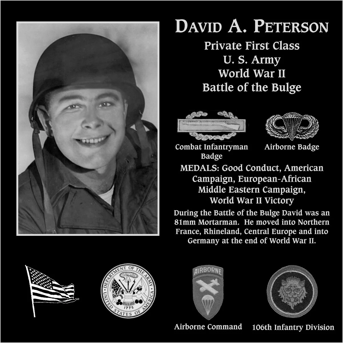 Private First Class David A Peterson | Mt. Soledad Virtual Plaque