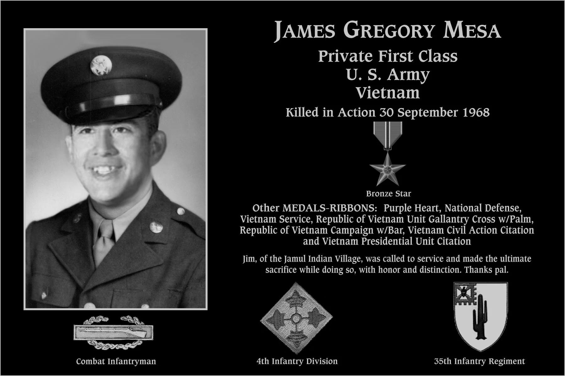 Private First Class James Gregory Mesa | Mt. Soledad Virtual Plaque