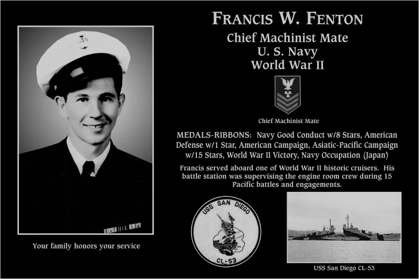 Chief Petty Officer Francis W Fenton | Mt. Soledad Virtual Plaque